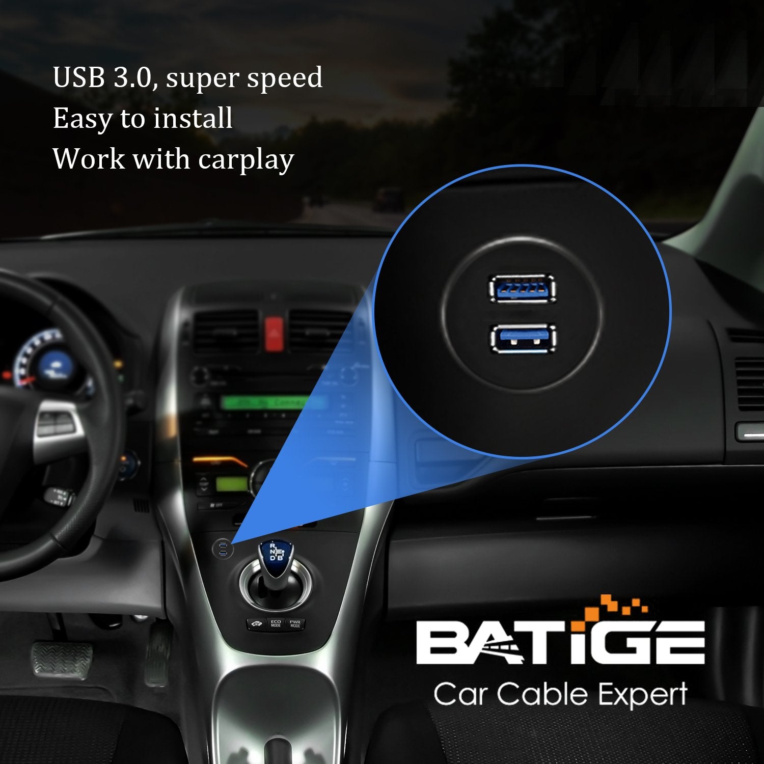 BATIGE 2 Ports Dual USB 3.0 Car Mount Flush Cable 3ft | CAR MOUNT USB ...