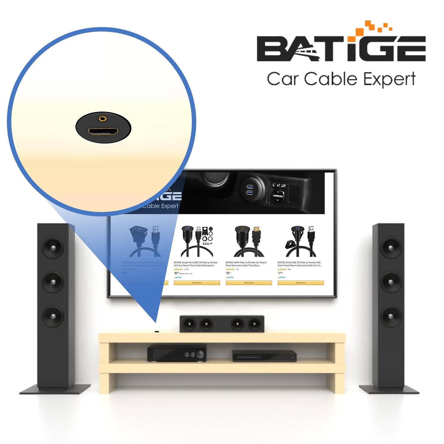 BATIGE HDMI & 3.5mm Car Mount Flush Cable 3ft | CAR MOUNT USB CABLE ...
