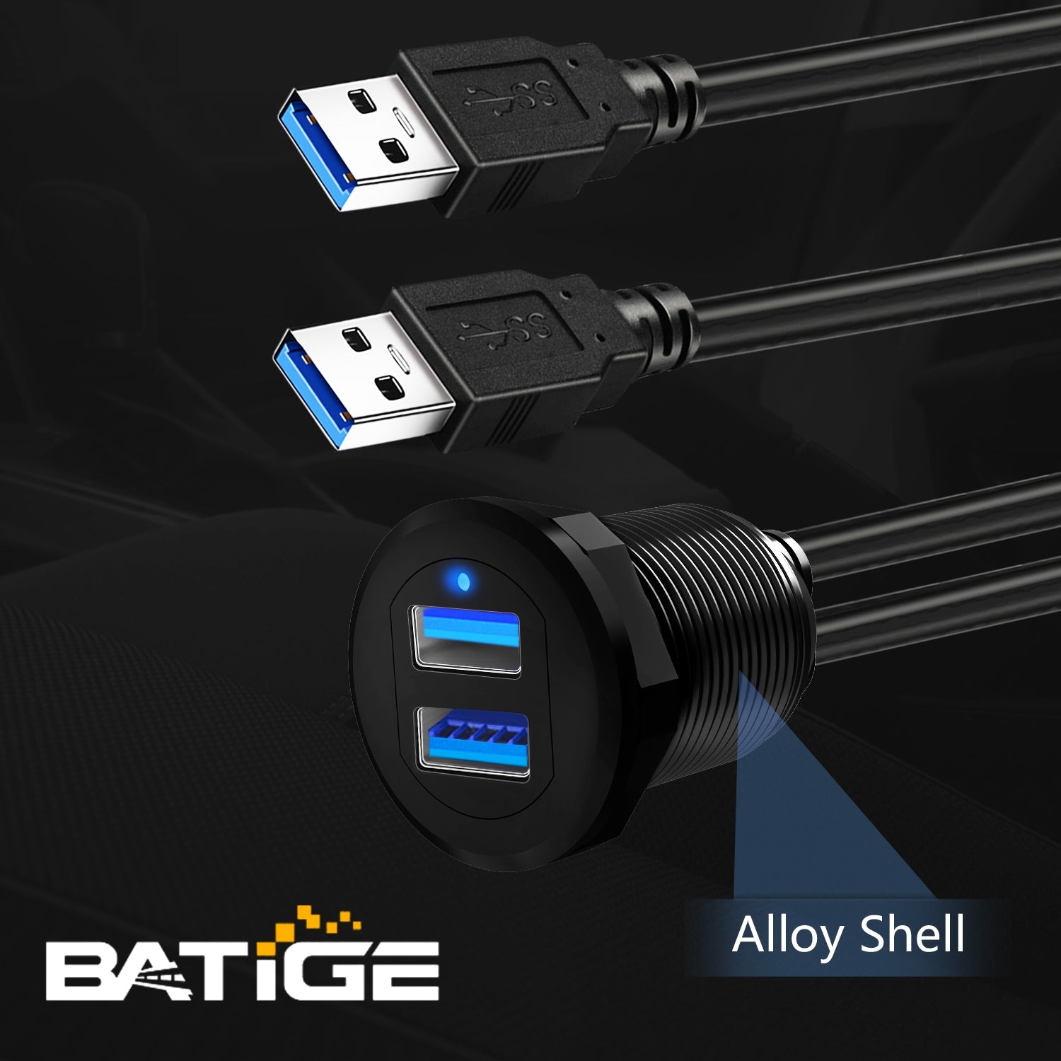 BATIGE Alloy With LED Dual Port USB 3.0 Car Dashboard Flush Mount Cable ...