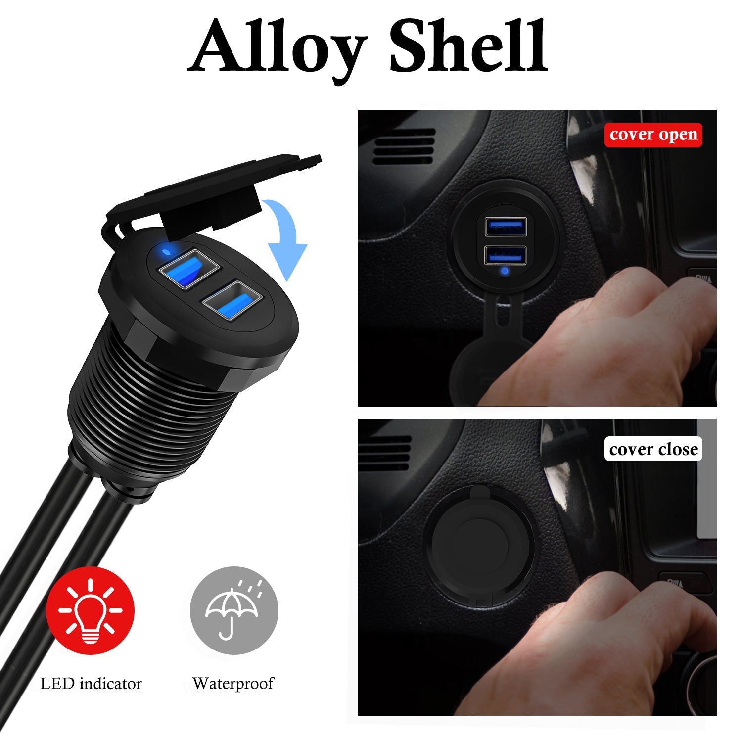 BATIGE Alloy With LED Dual Port USB 3.0 Car Dashboard Flush Mount Cable ...