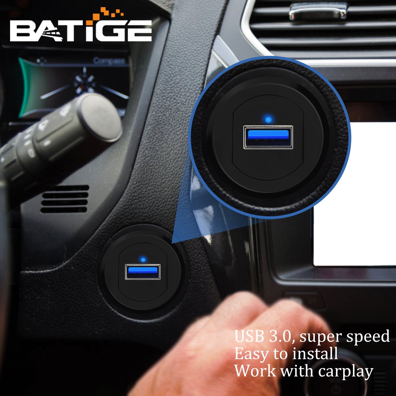 BATIGE Alloy With LED Single Port USB 3.0 Car Mount Flush Cable 1M ...