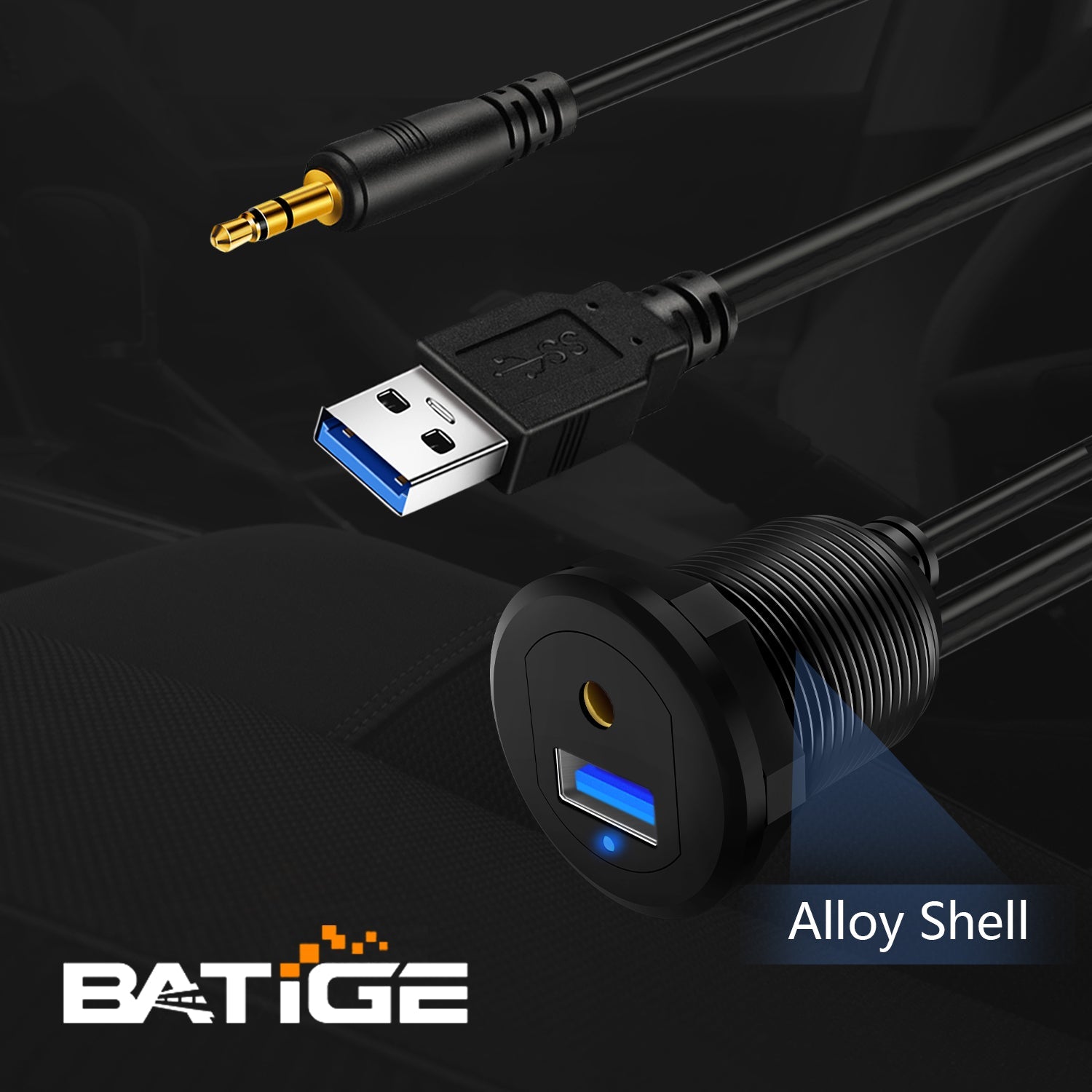 BATIGE Alloy With LED USB 3.0 AUX DC3.5mm Port Car Mount Flush Cable 1M ...