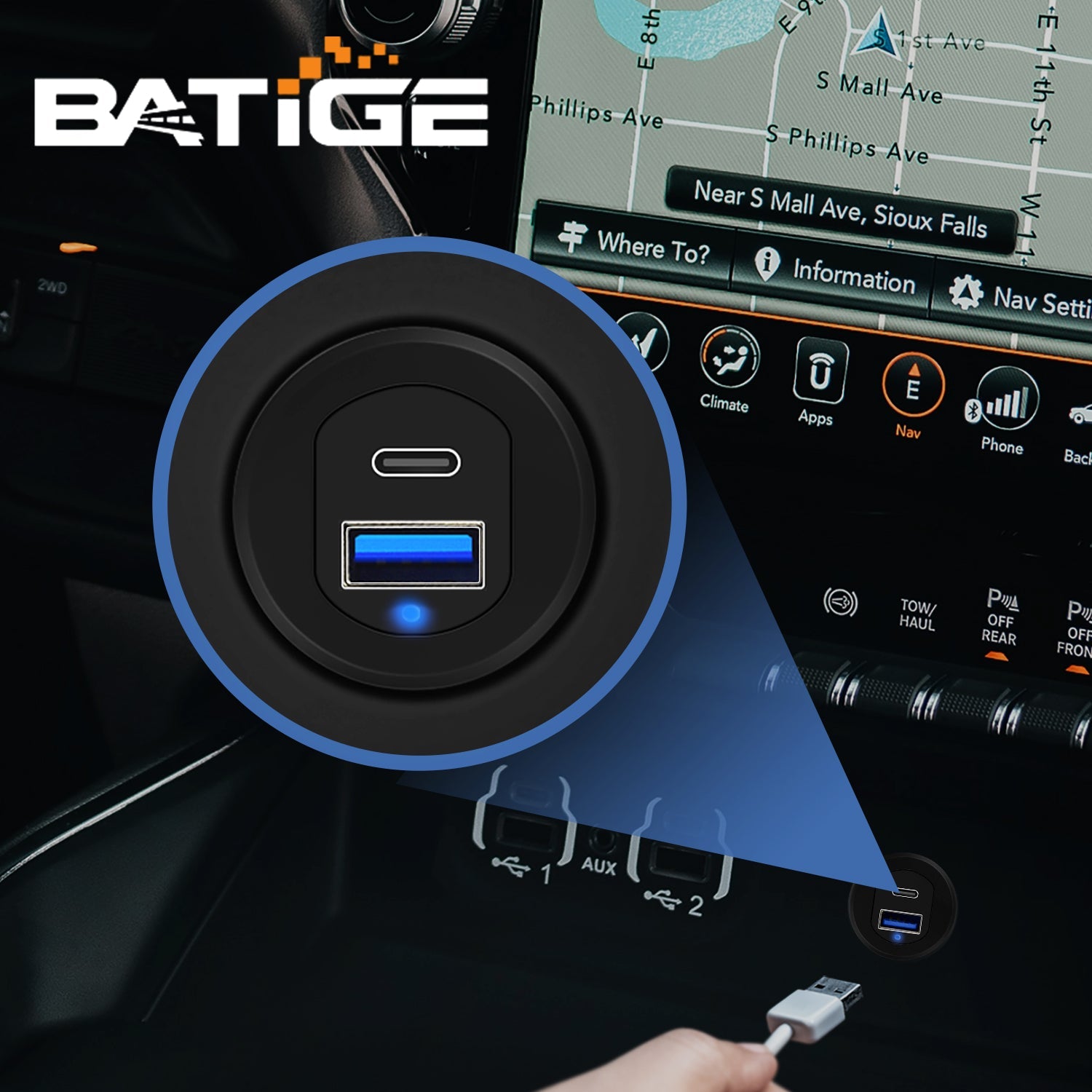 BATIGE Type C 3.0 and USB 3.0 Alloy Shell Car Mount Flush Cable 1M ...