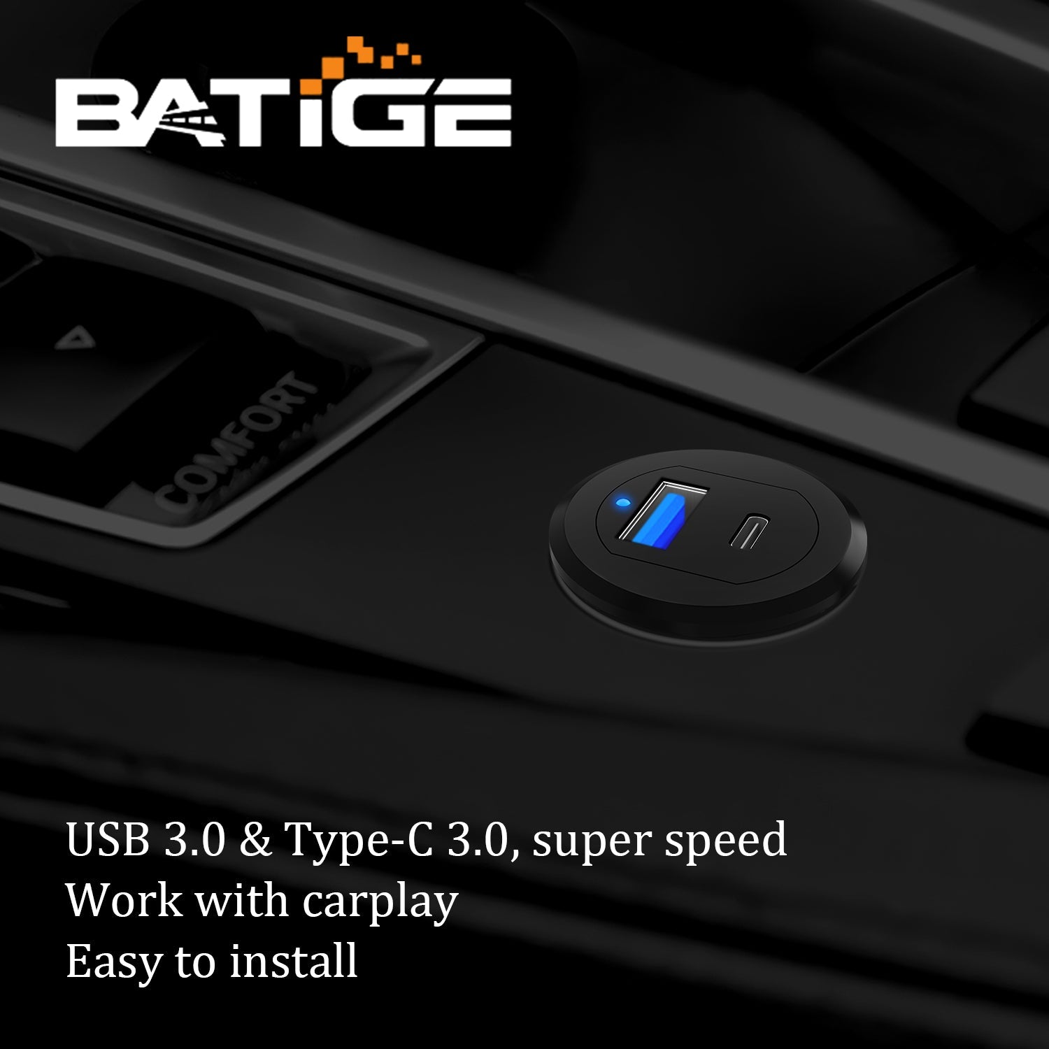 BATIGE Type C 3.0 and USB 3.0 Alloy Shell Car Mount Flush Cable 1M ...