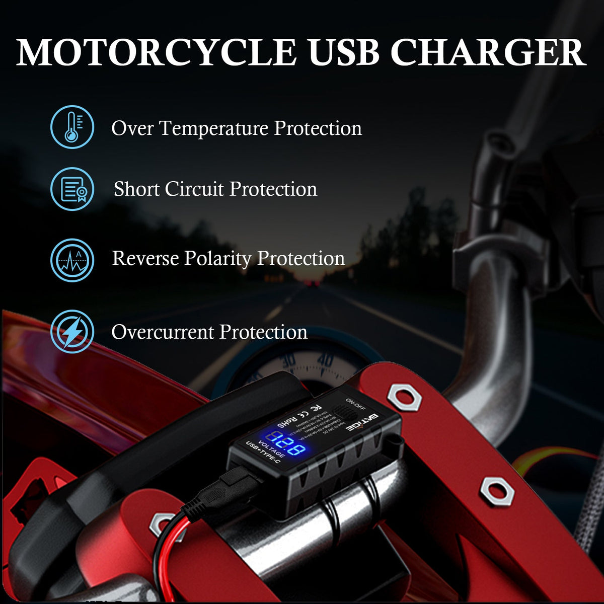 BATIGE Motorcycle USB Charger SAE to USB Adapter Type C and USB 3.0 ...